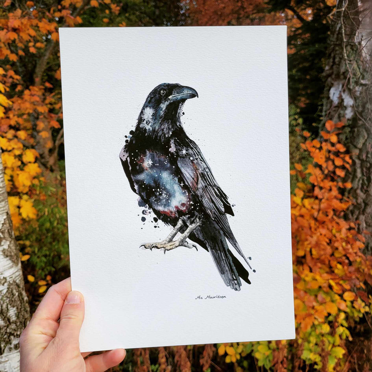 Akvarelmaleri af en ravn, inspireret af Odins ravne